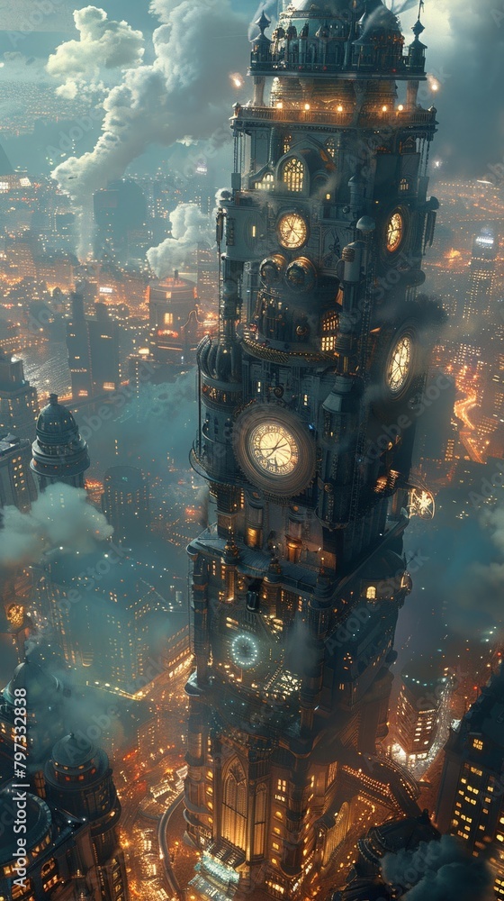Steampunk wizard tower, gears and levers, magical experiments, city ...