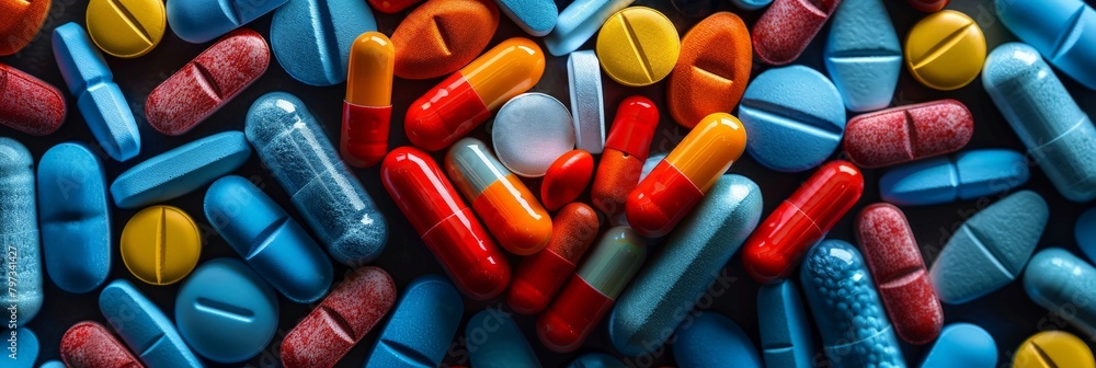 An array of various colorful medication pills and capsules displayed ...