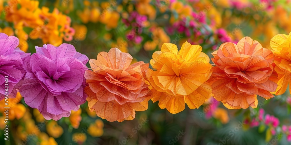 Vibrant Mexican paper flags, known as papel picado, create a festive ...