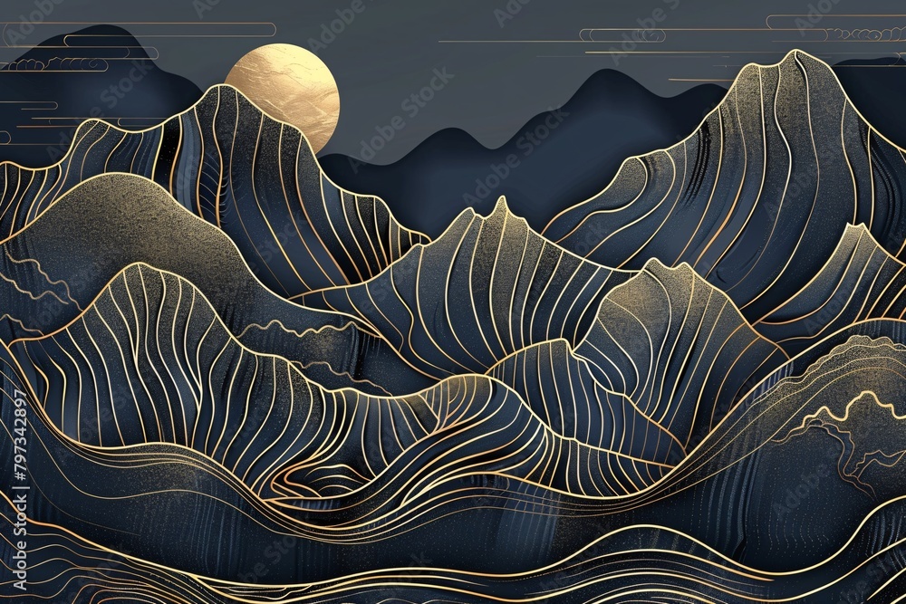 landscape wallpaper design with Golden mountain line arts, luxury ...