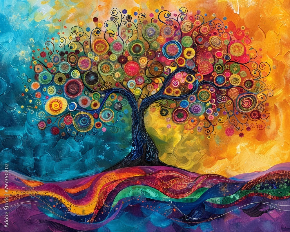 Vibrant abstract art of the Tree of Life, intertwined with colorful ...