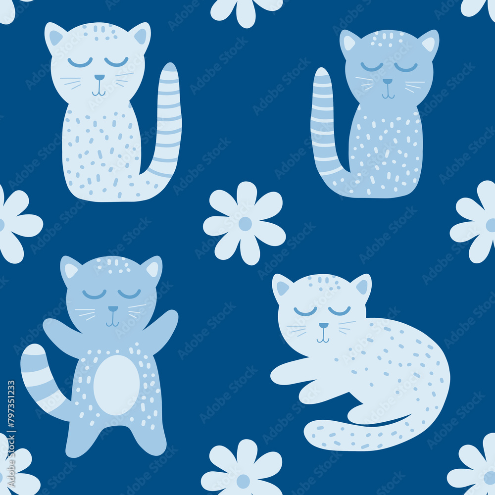 Cats and paw prints monochromatic seamless pattern. Cute hand drawn ...