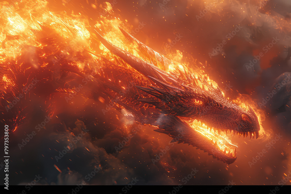 Red dragon breathing fire in a fantasy world in the style of dungeons ...