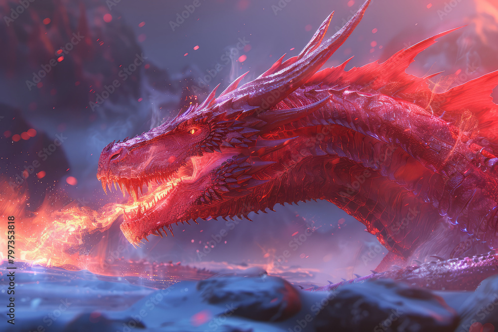 Red dragon breathing fire, in the style of fantasy art, glowing scales ...