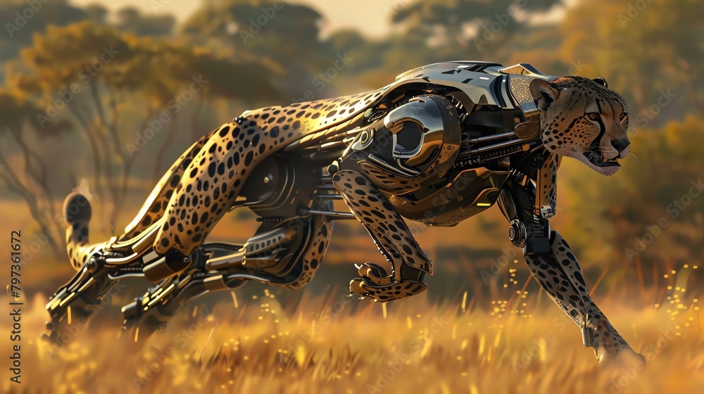 Capture the sleek, metallic sheen of a robotic cheetah in mid-sprint ...