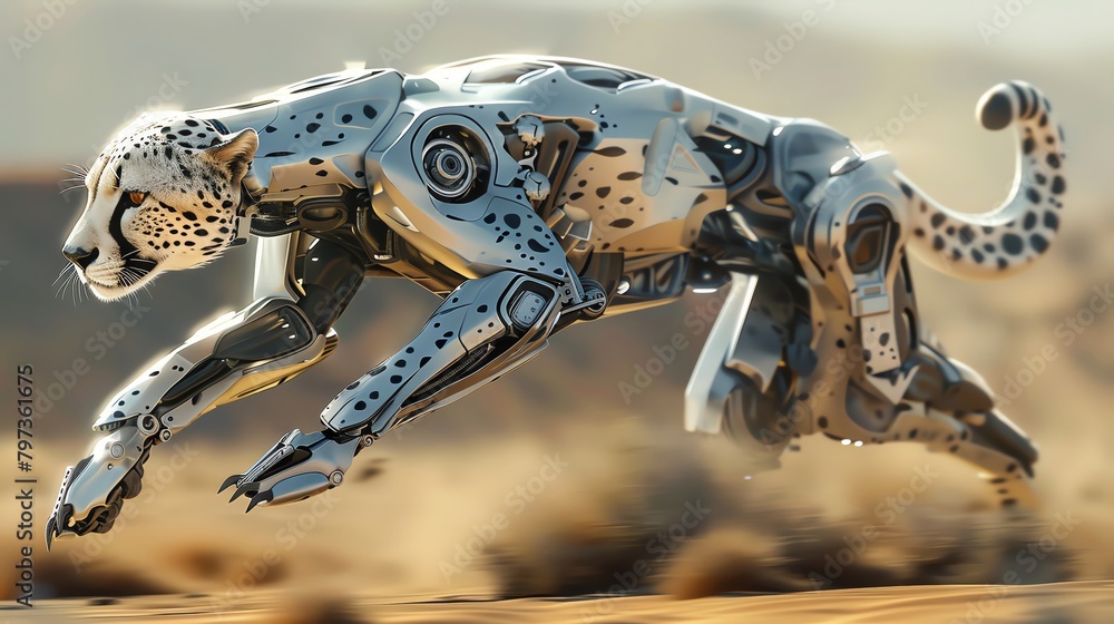 Capture the sleek, metallic sheen of a robotic cheetah in mid-sprint ...