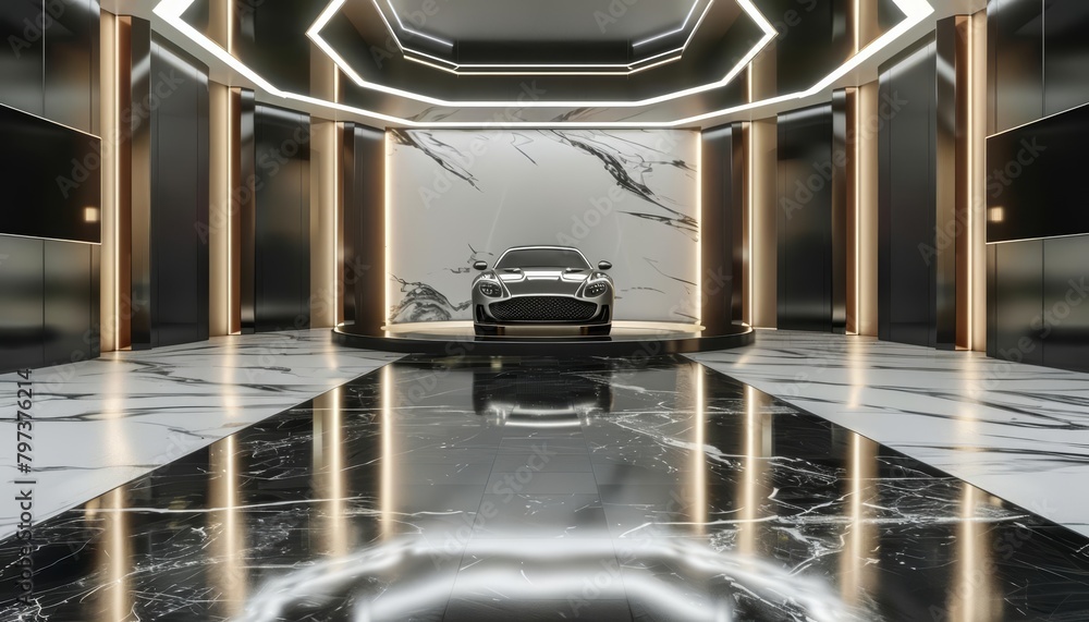 Stage podium of award scene for luxury cars, with polished marble ...