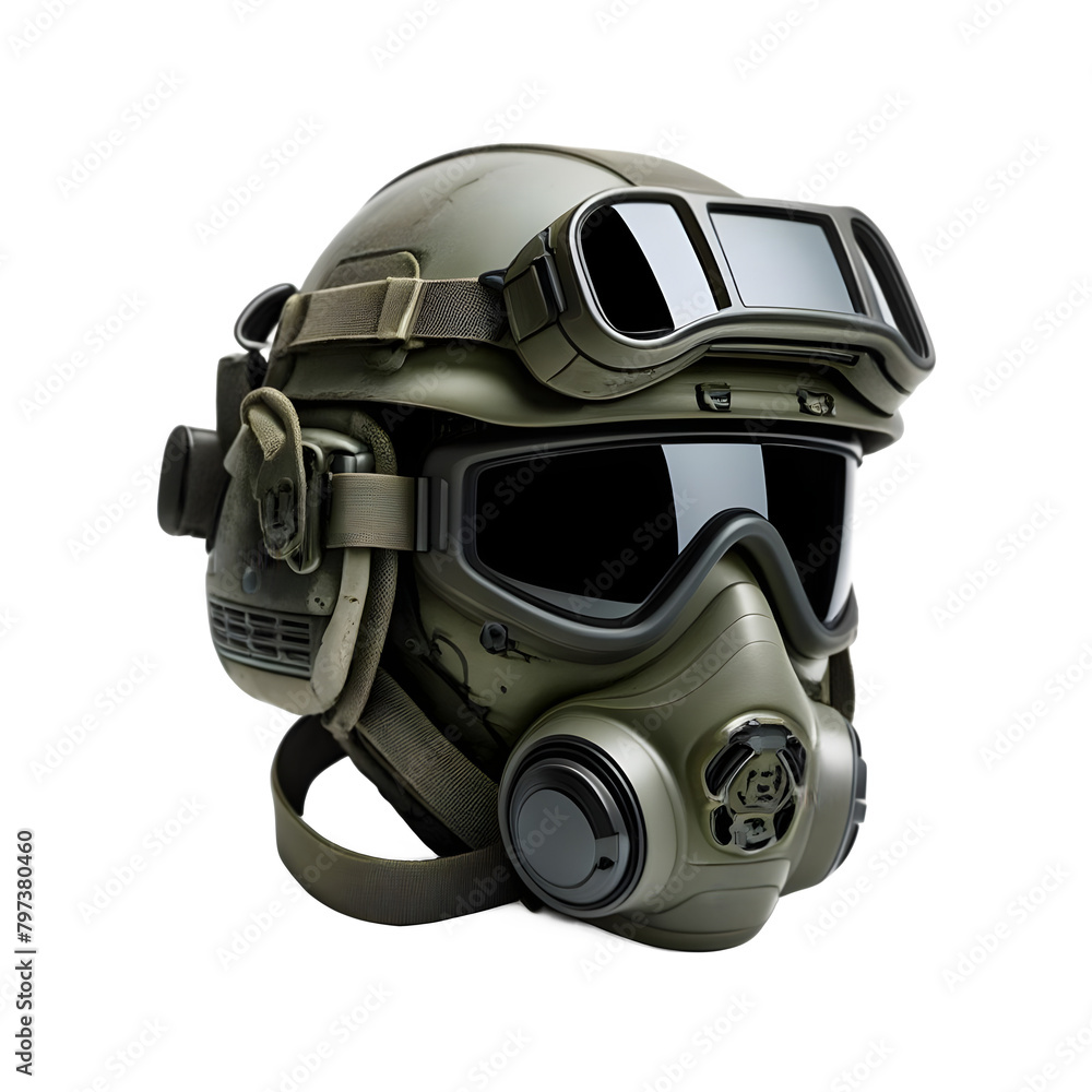 Navy SEAL tactical helmet with night vision goggles on a transparent ...