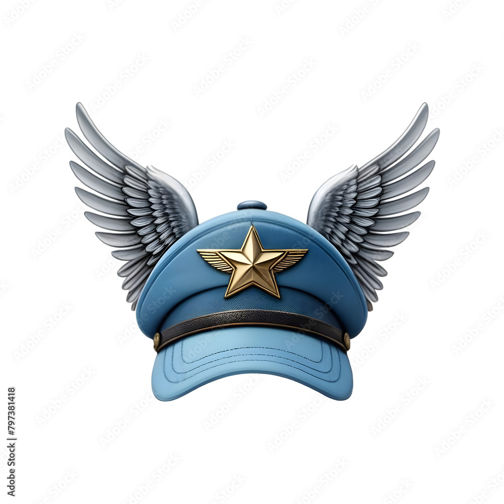Sky blue pilot cap with wings badge on a transparent background, PNG ...