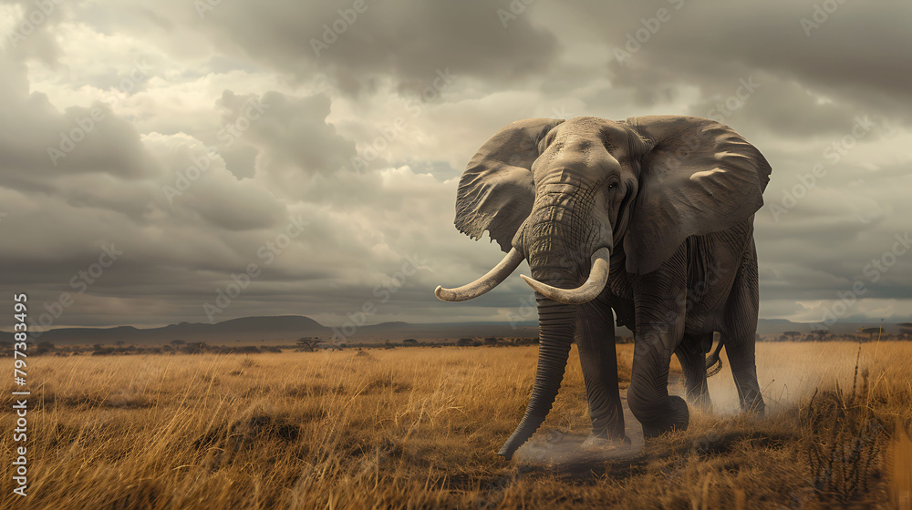 A regal elephant bull commanding attention as it traverses the rugged ...