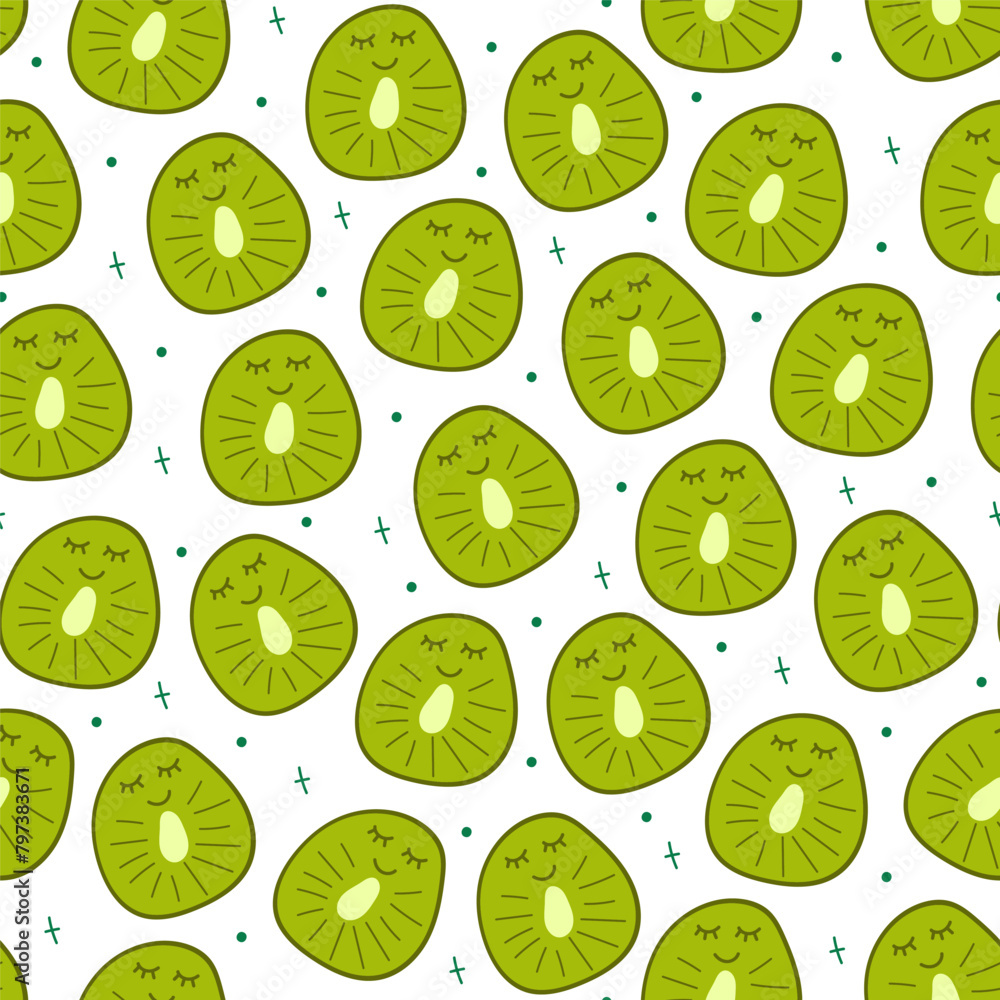 Seamless pattern of hand draw kiwi fruit with kawaii eyes on white ...