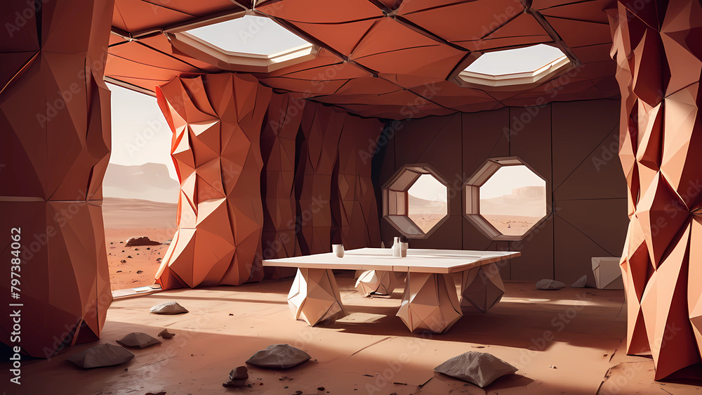 create a mars habitat, interior shot, building is made of columns and ...
