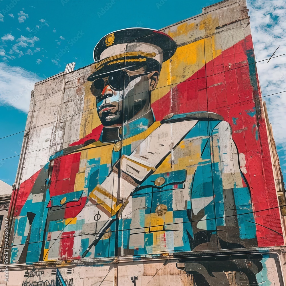 A mural of a Civil War general with a beard and a mustache wearing a ...