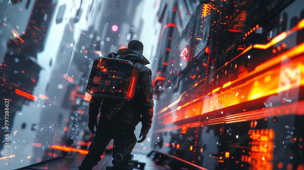 Explore the juxtaposition of futuristic tech and psychological elements ...