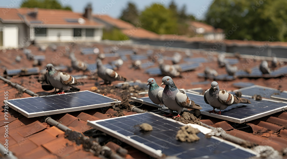 pigeons on the roof Solar panels on the roof of a house covered with ...