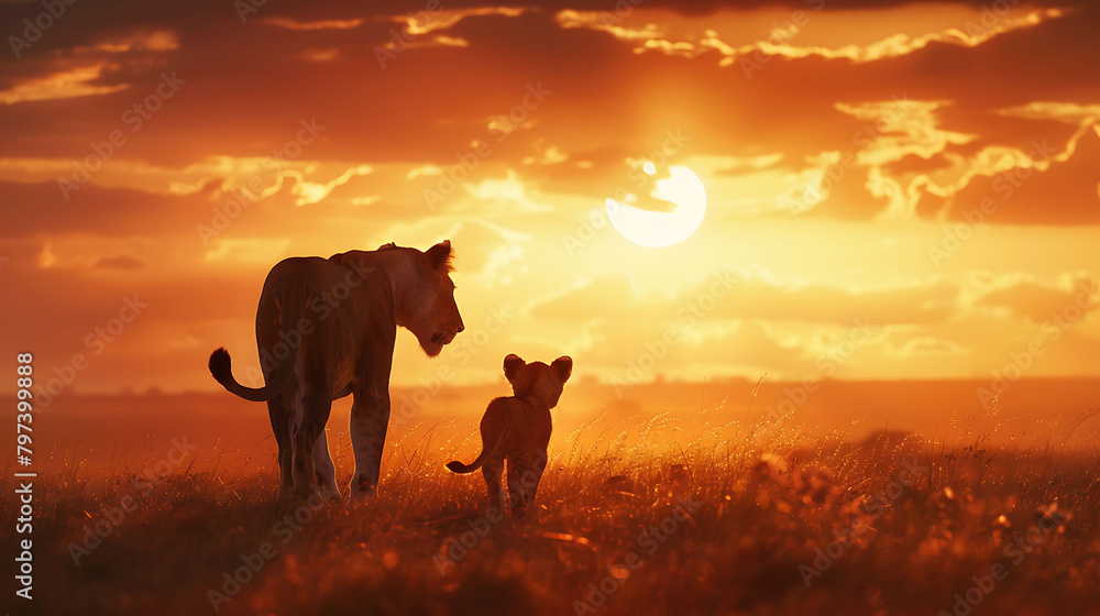 A breathtaking scene unfolds as an African lioness and her cub traverse ...