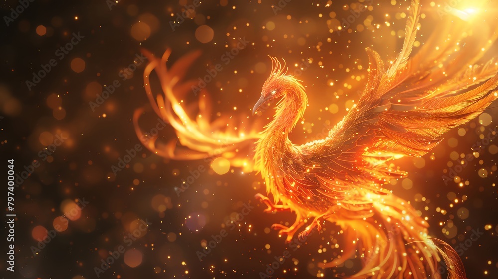 Illustrate a mythical phoenix artistically dancing with swirling flames ...