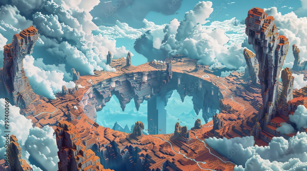 Illustrate an aerial perspective of a mind-bending landscape that ...