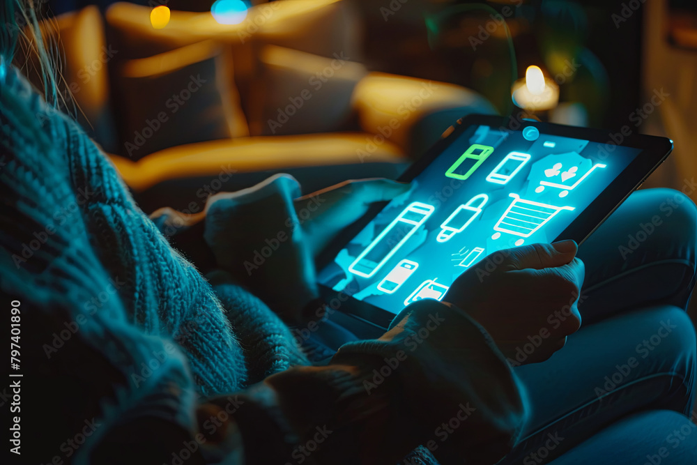 Person on a couch browsing on a tablet, illuminated screen, symbols of ...