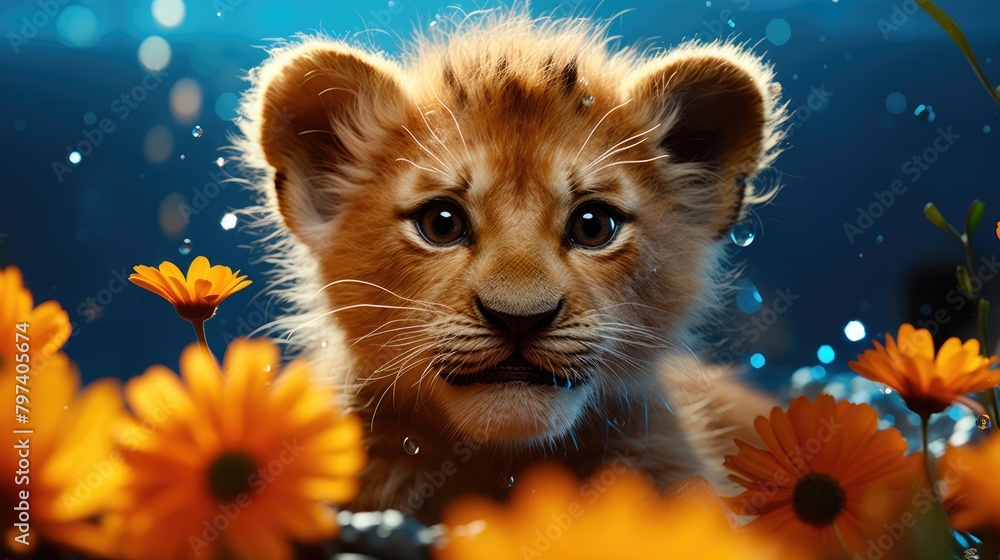 a picture tiny lion with orange daisy petals for his mane, macro lens ...
