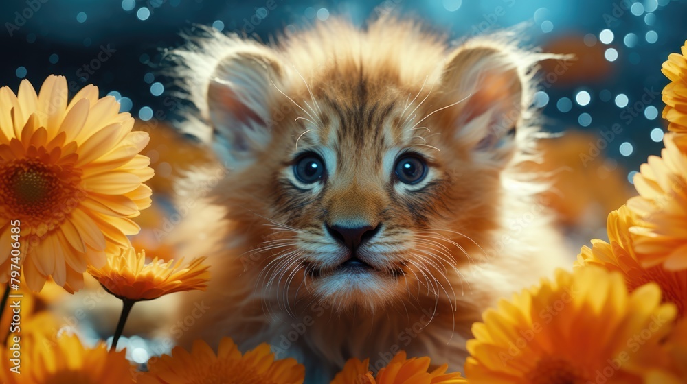 a illustration tiny lion with orange daisy petals for his mane, macro ...