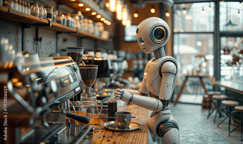 white humanoid robot making coffee in a cafe, robot barista Stock ...