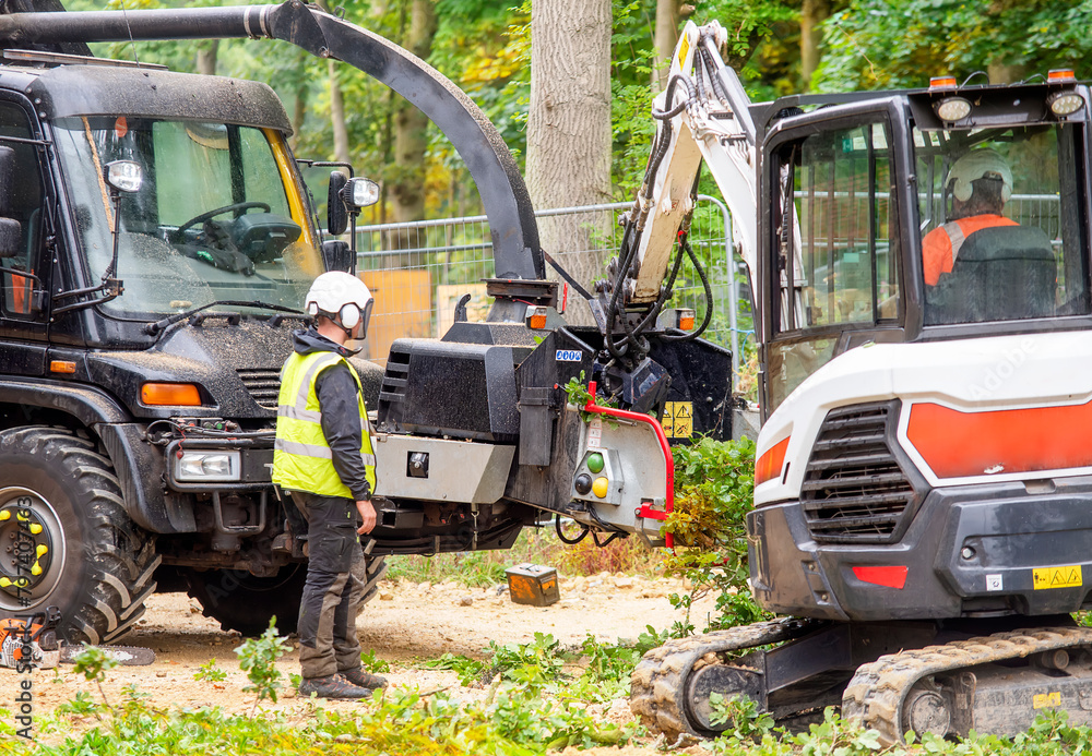 Arborists using wood chipper machines for shredding trees and branches ...