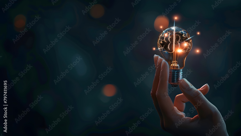 ideas concept. Man holding light bulb with starburst sparks ...
