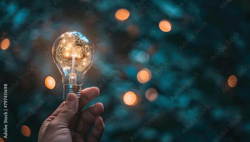 ideas concept. Man holding light bulb with starburst sparks ...