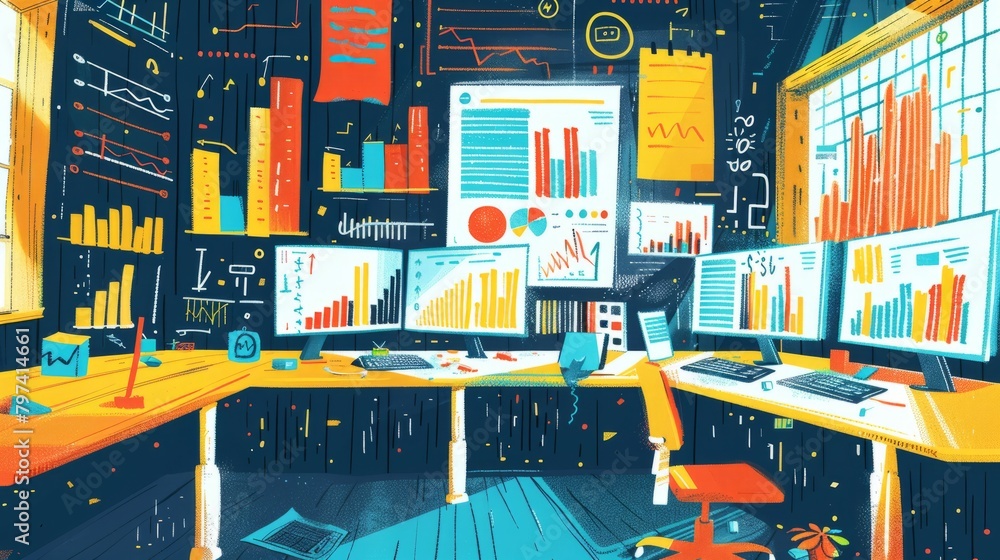 An illustration of a data analyst's desk. There are multiple computer ...