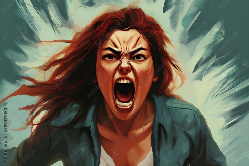 red headed woman screaming in anger wearing blue jacket and white shirt ...