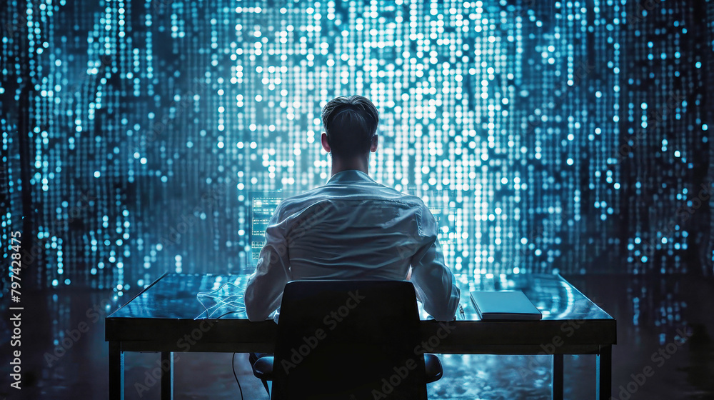 A man sits at a desk, intensely focused on the computer screen in front ...