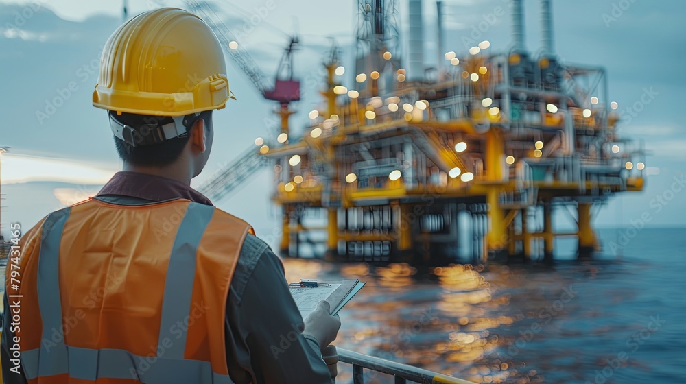 An oil rig worker wearing a hard hat and safety vest inspects an ...
