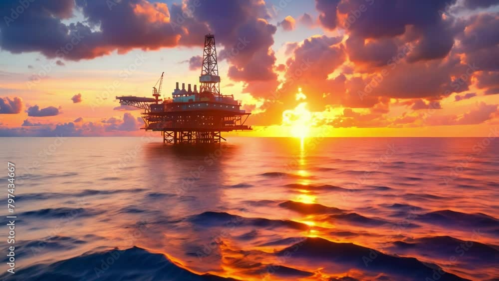 Oil rig and tanker in ocean at sunset. Concept Oil Rig, Tanker, Ocean ...