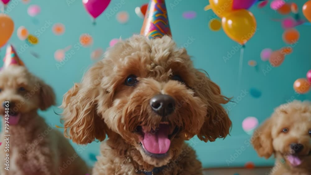 Labradoodle dog in party hat celebrating birthday with falling confetti ...