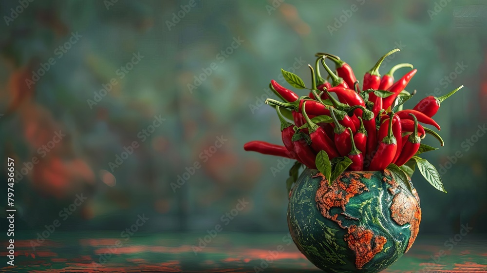 Pepper with a Globe, Showing the global popularity of chili peppers and spicy cuisine Stock ...