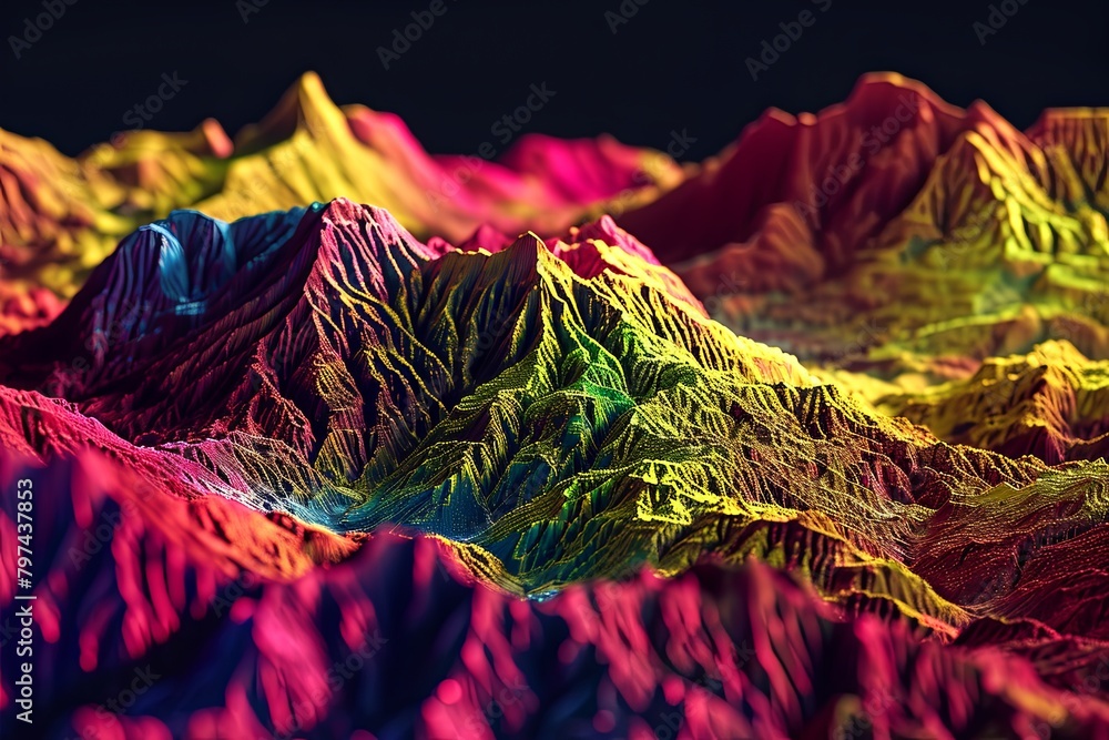 3D Neon Elevation Maps: Digital Landscape Ridges Illuminated Stock ...