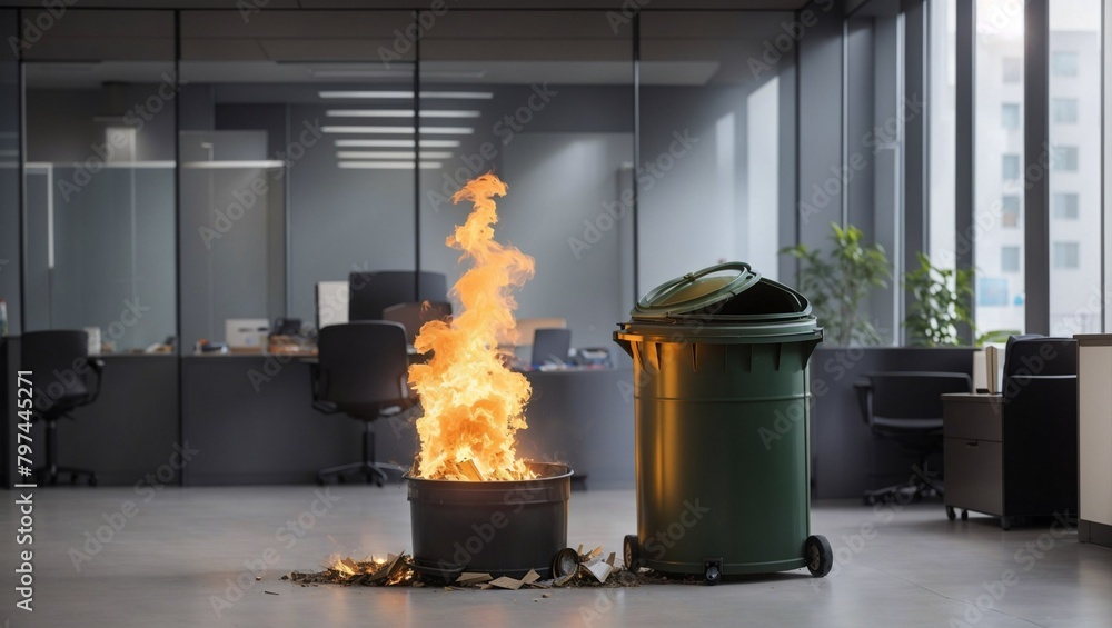 Burning waste bin spreading fire in office corner Stock Photo | Adobe Stock