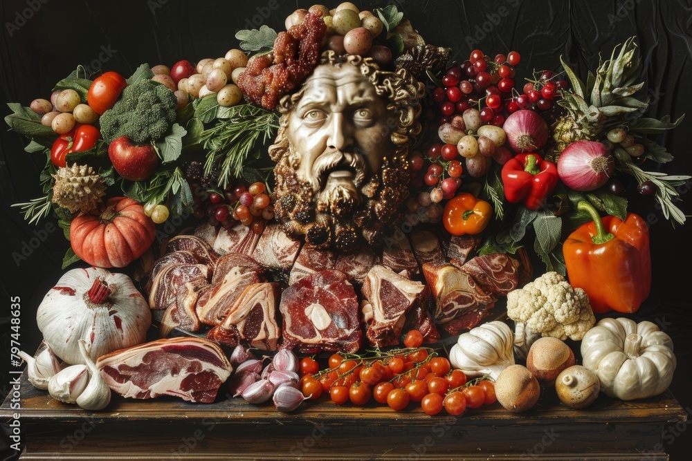 Abundant renaissance-inspired still life with meat and vegetables Stock ...