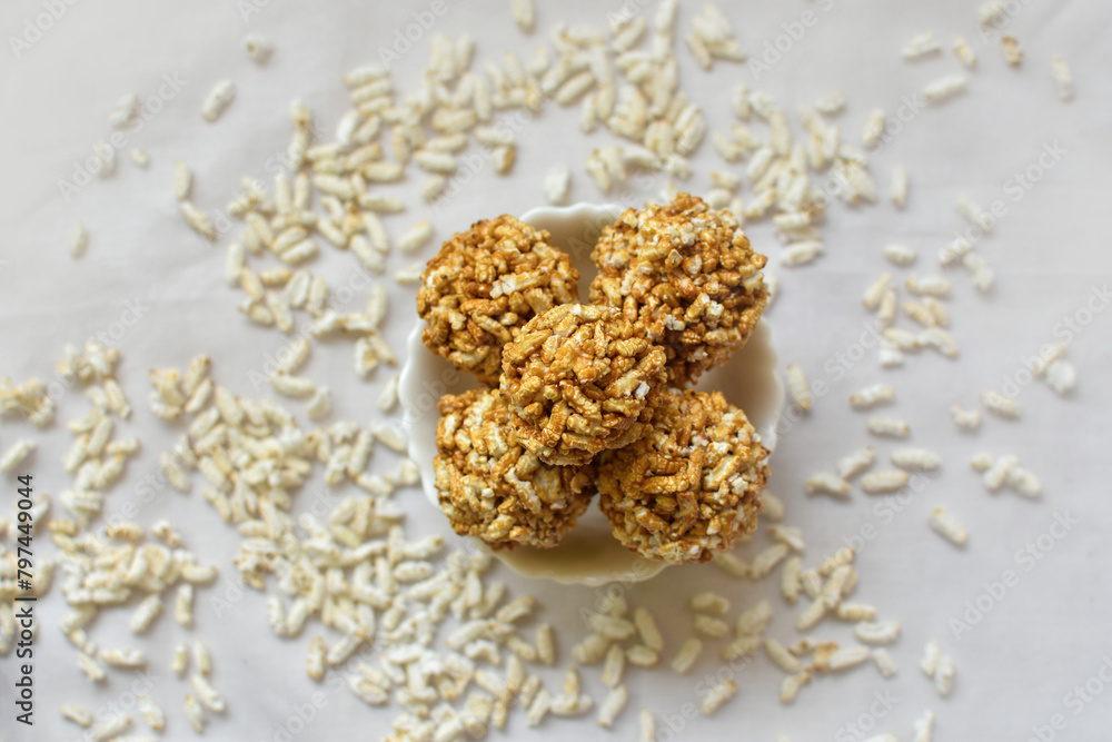 flakes with milk. Closeup view of Traditional Puffed Rice Balls is a ...