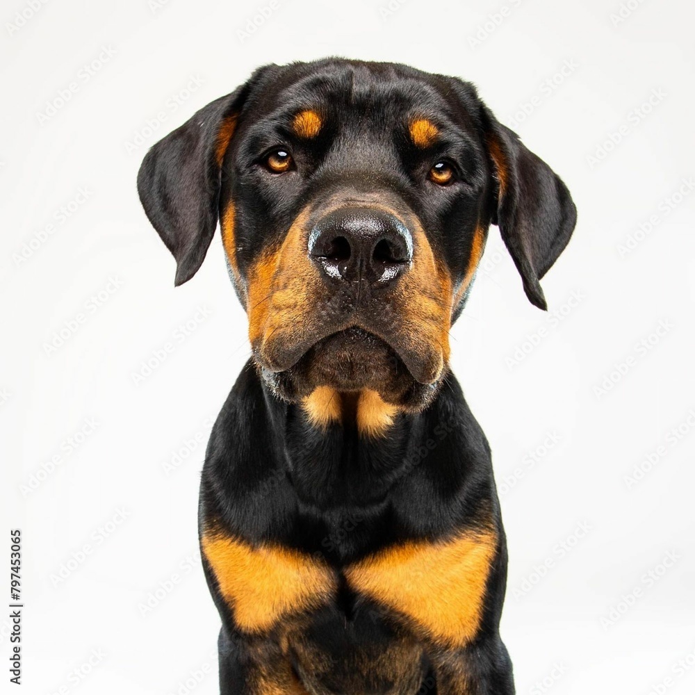 Beautiful rottweiler puppy dog isolated on white background. looking at ...