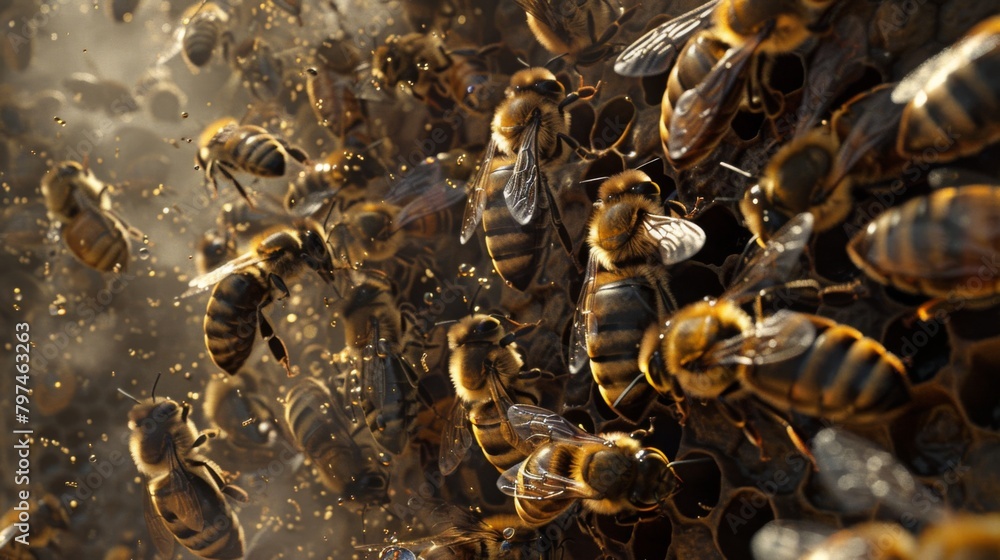 A swarm of bees buzzing around a hive, illustrating the organized chaos ...