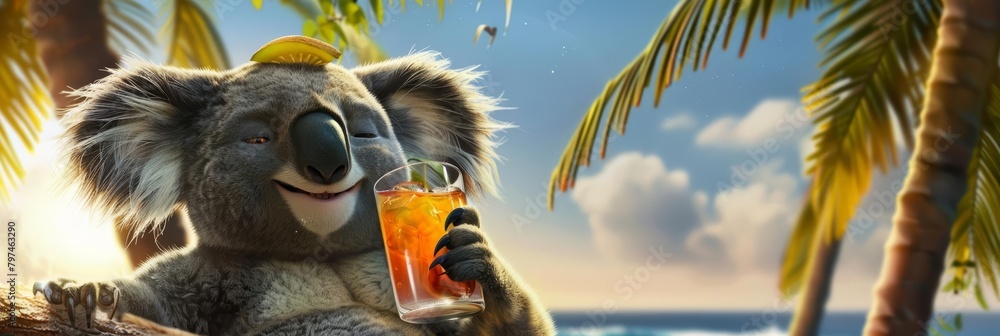 A beach bum koala lounges under a palm tree, sipping a tropical drink ...