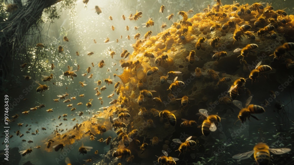 A swarm of bees buzzing around a hive, illustrating the organized chaos ...
