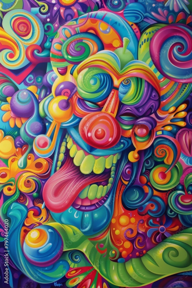 Colorful carnival scene, swirling lights, joyful characters ...