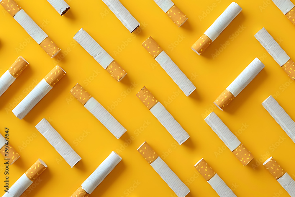 pattern of cigarettes on minimal background, top view, no tobacco stop ...