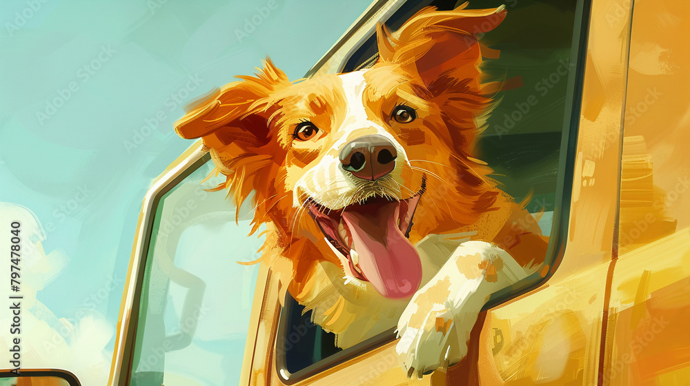 Cartoon joyride with a happy dog sticking its head out of a car window ...