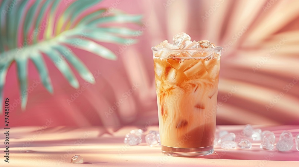 Quench your thirst for summer with a revitalizing iced coffee against a soft pastel backdrop, a ...