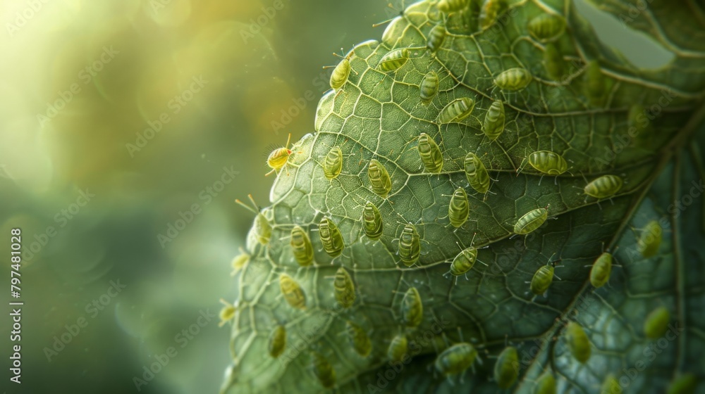 Tiny aphids clustered on the underside of a leaf, illustrating the ...