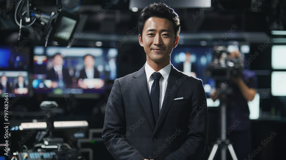 Professional Asian male news anchor smiling confidently in a busy news ...